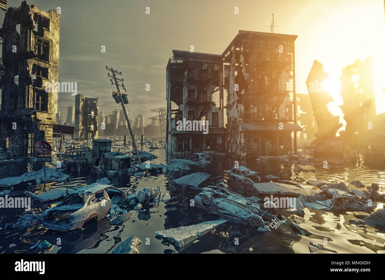 Apocalypse flooding city view sunset. 3d rendering concept Stock Photo ...