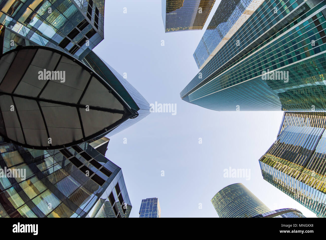 Perspective low angle view of modern glass skyscrapers facades Stock ...