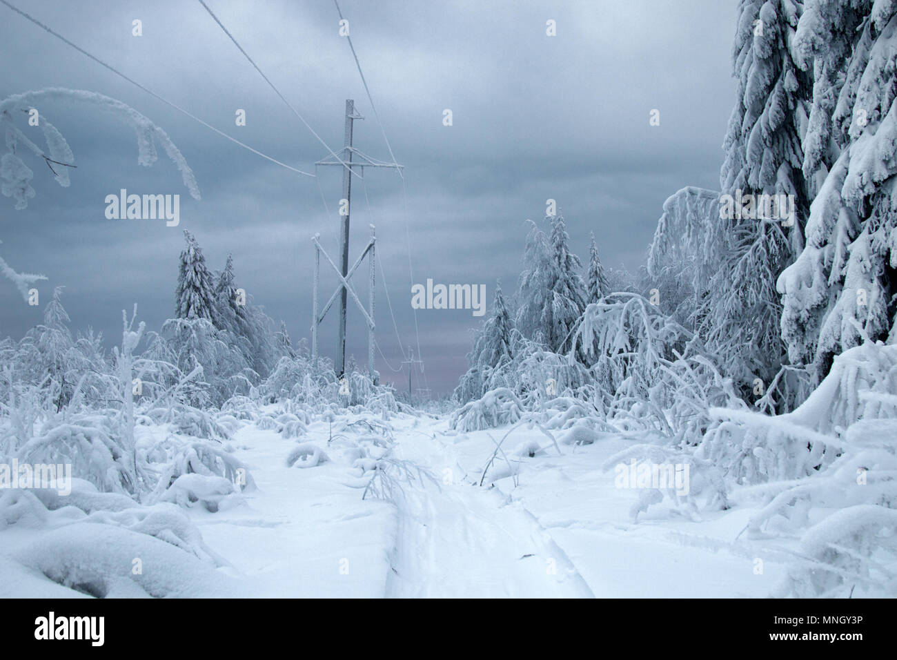 High-tension power line. Snow deposits and slush build-up on high ...