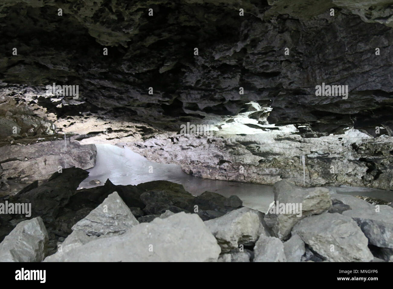 Karst cave. Cave in carbonate rocks, Visible layers of limestone ...