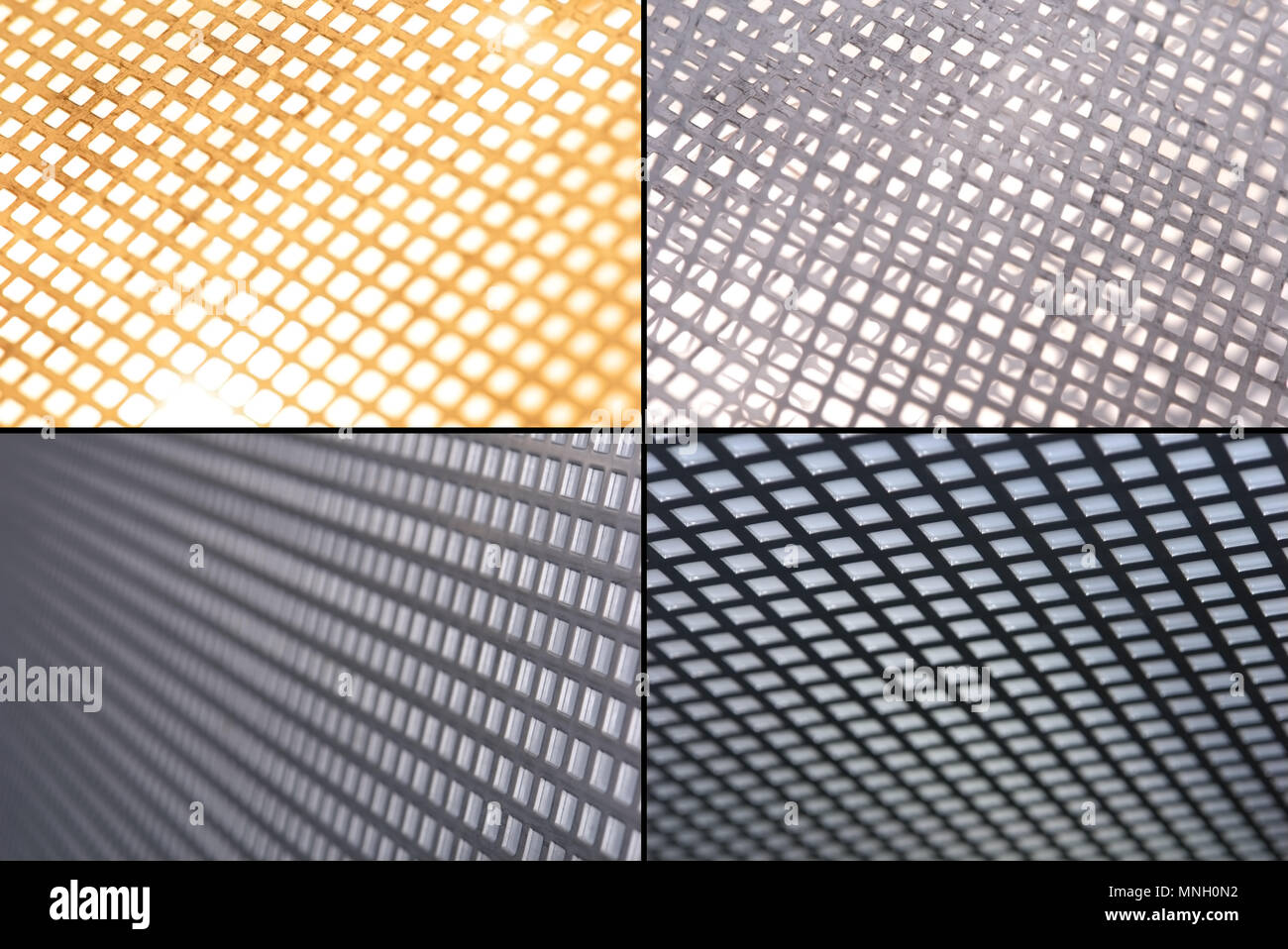 A set of metal grid close-ups with experimental light and perspective ...