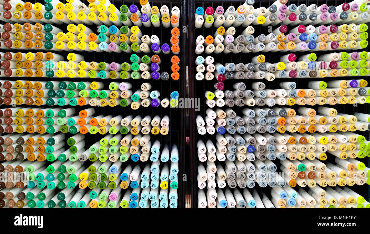 the colorful of drawing pen on the shelf at stationery shop Stock Photo ...
