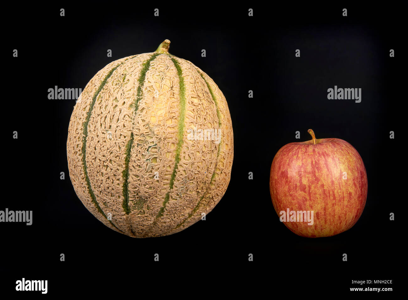 a melon and an apple on a black background Stock Photo - Alamy