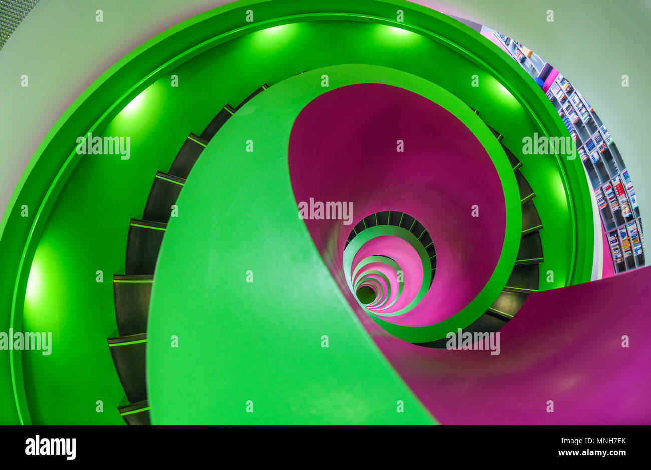 16 May 2018, Germany, Cottbus: A view down the spiral staircase in the ...