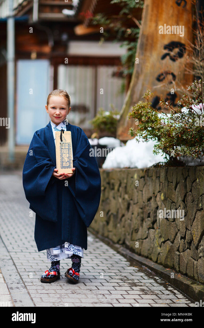 Adorable little girl wearing yukata traditional Japanese kimono at ...