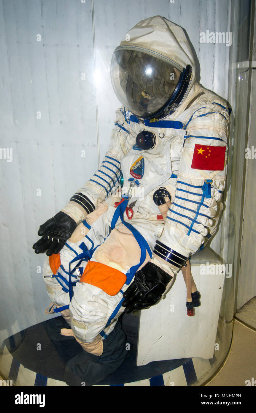 A Chinese spacesuit flown on the Shenzhou 7 mission on display at the ...