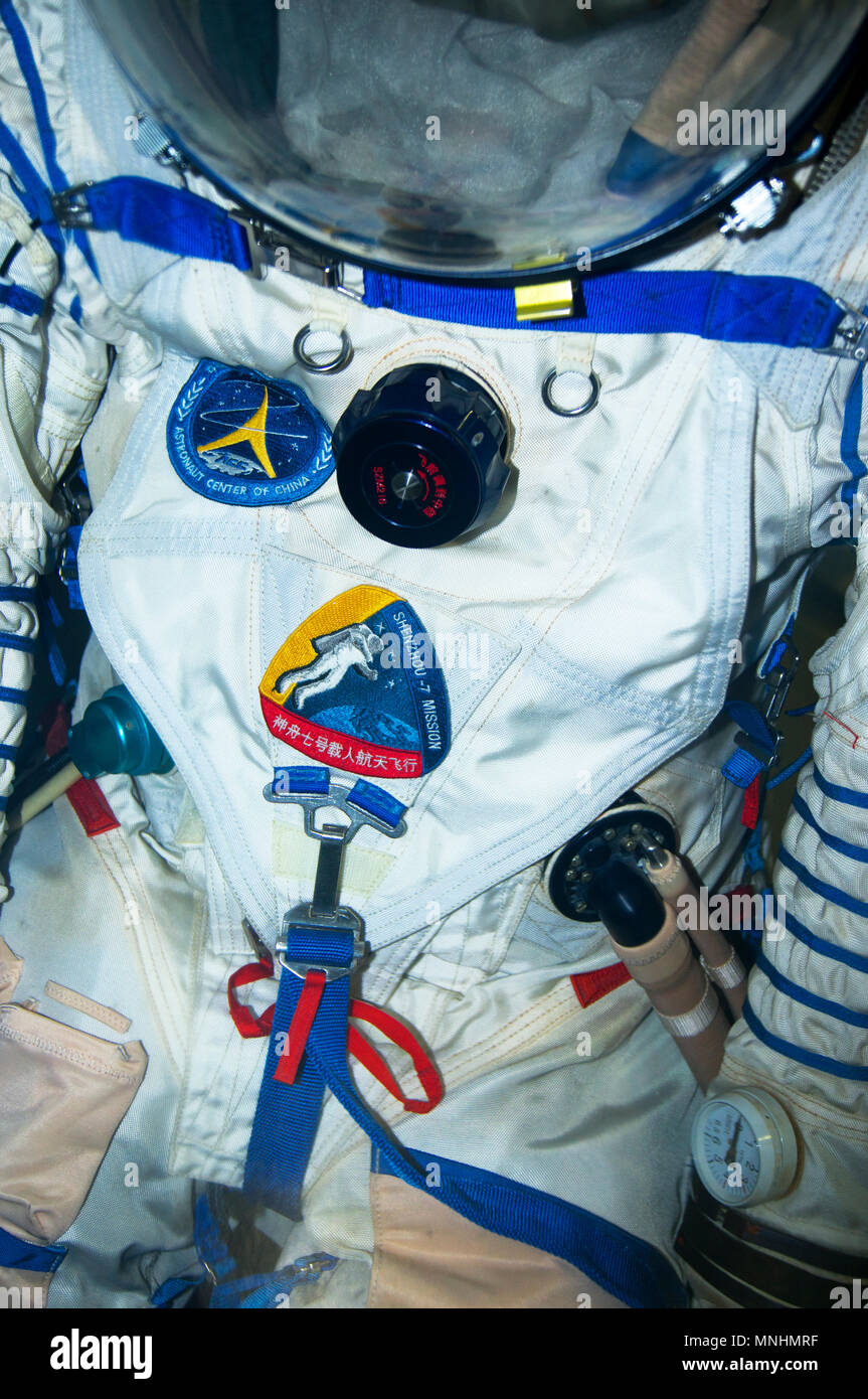 A Chinese spacesuit flown on the Shenzhou 7 mission on display at the ...