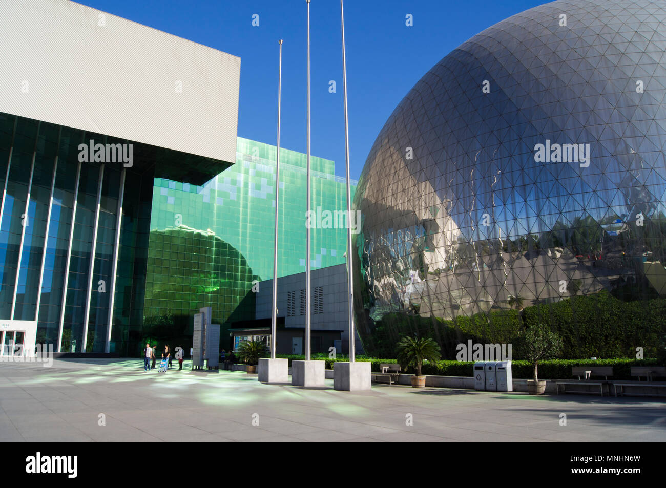 An exterior view of the film theatre dome at the China Science and ...