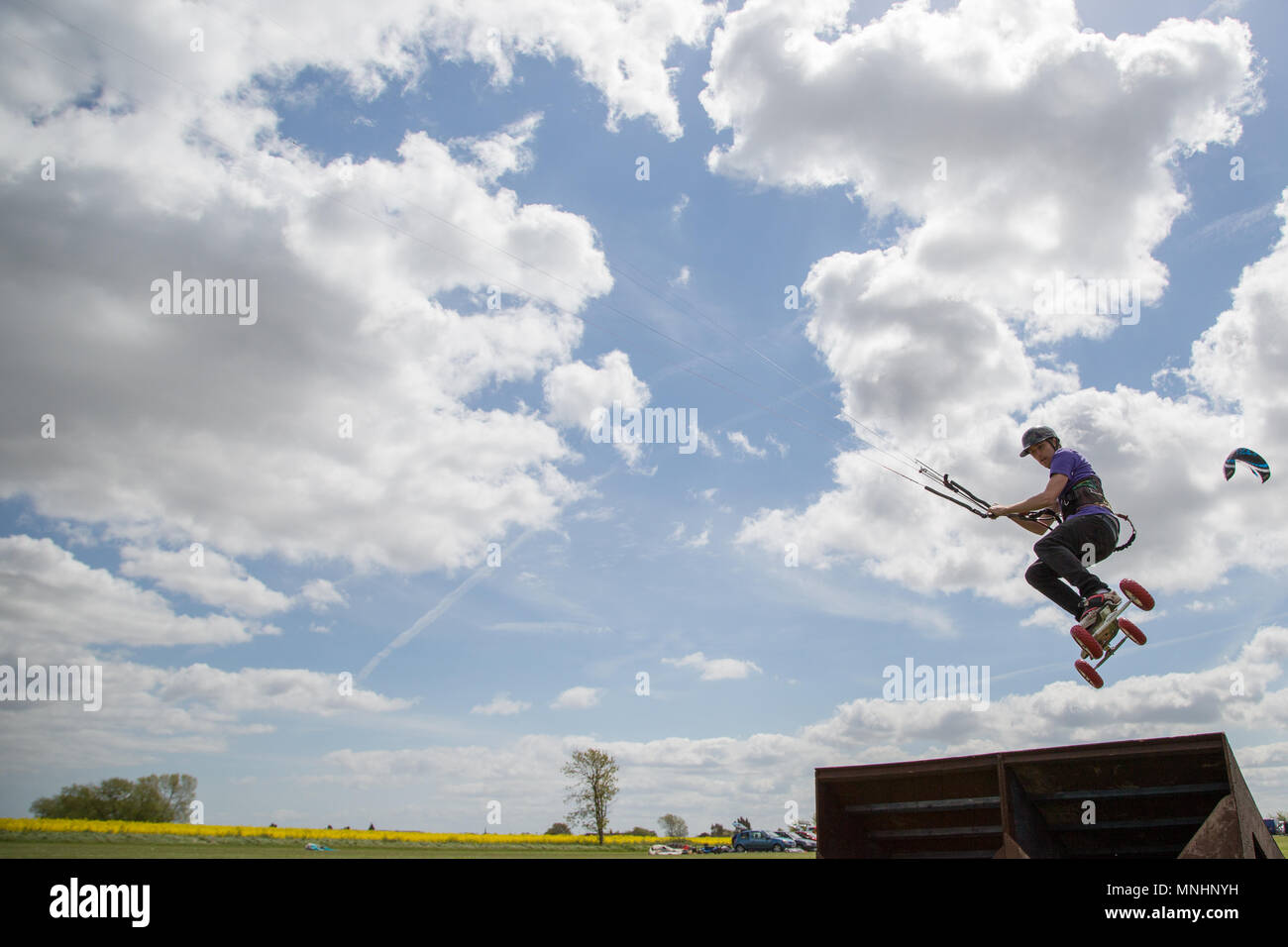 Extreme sport kite landboarding in Essex, UK. Going airborne Stock ...