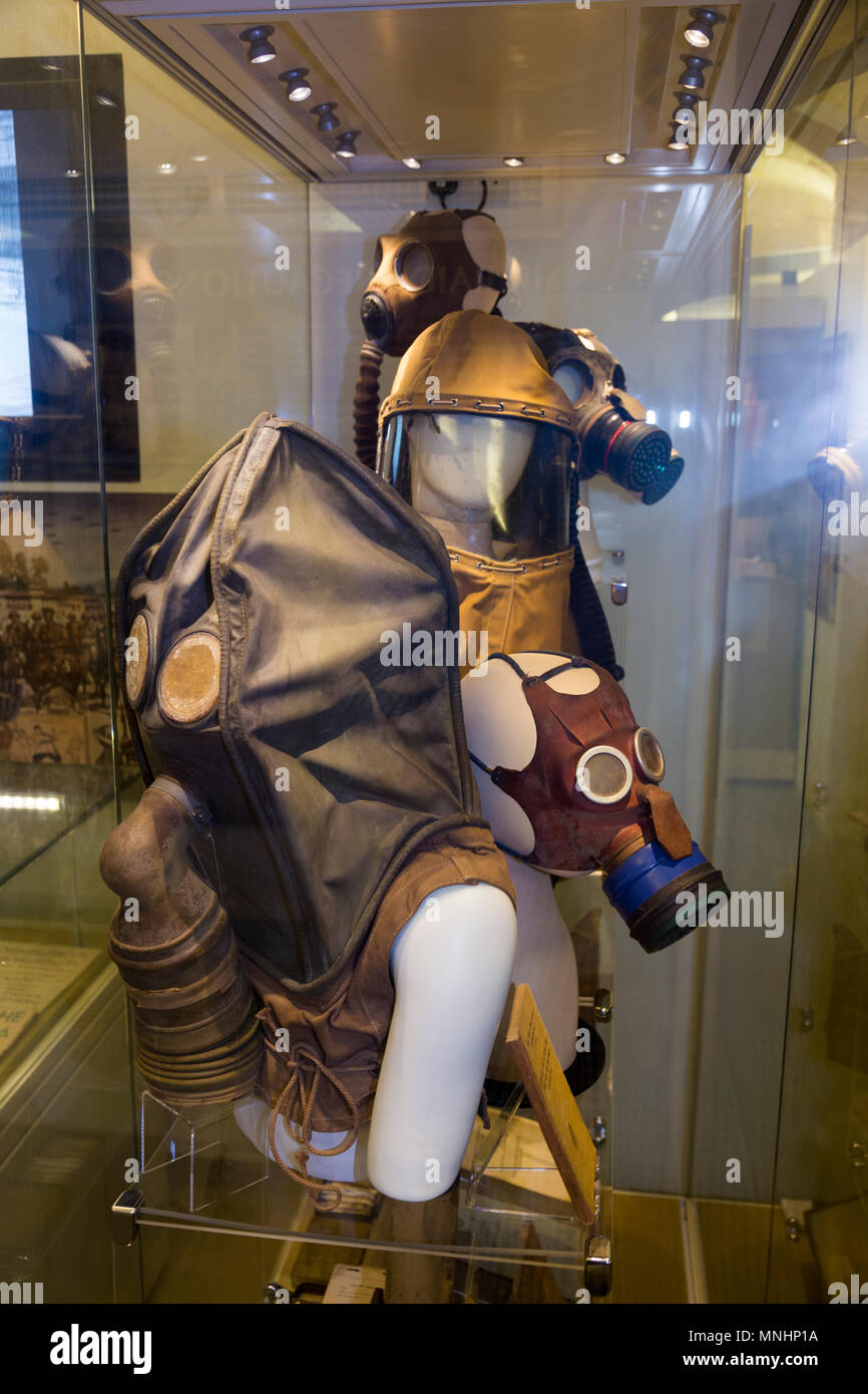 Exhibit of gas masks / gas mask display of exhibits inside the ...