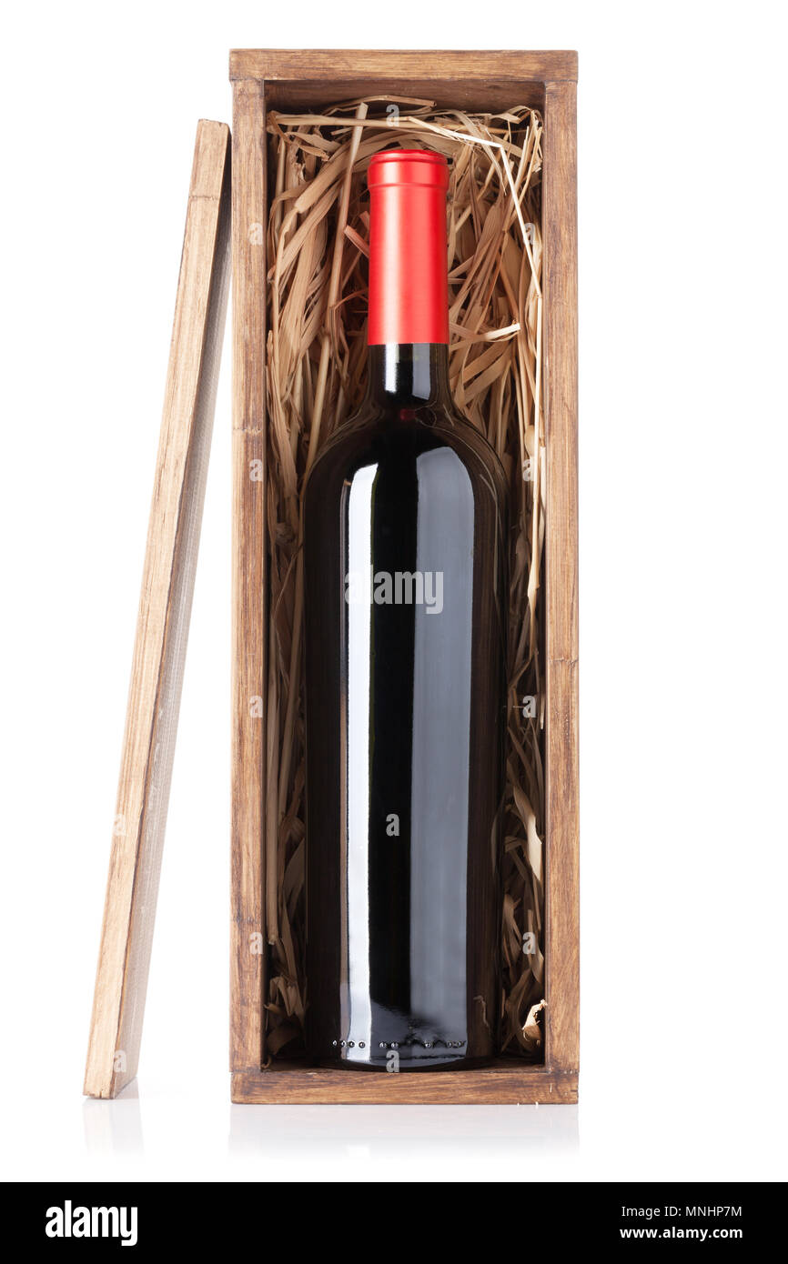 Red wine bottle in box. Isolated on white background Stock Photo - Alamy