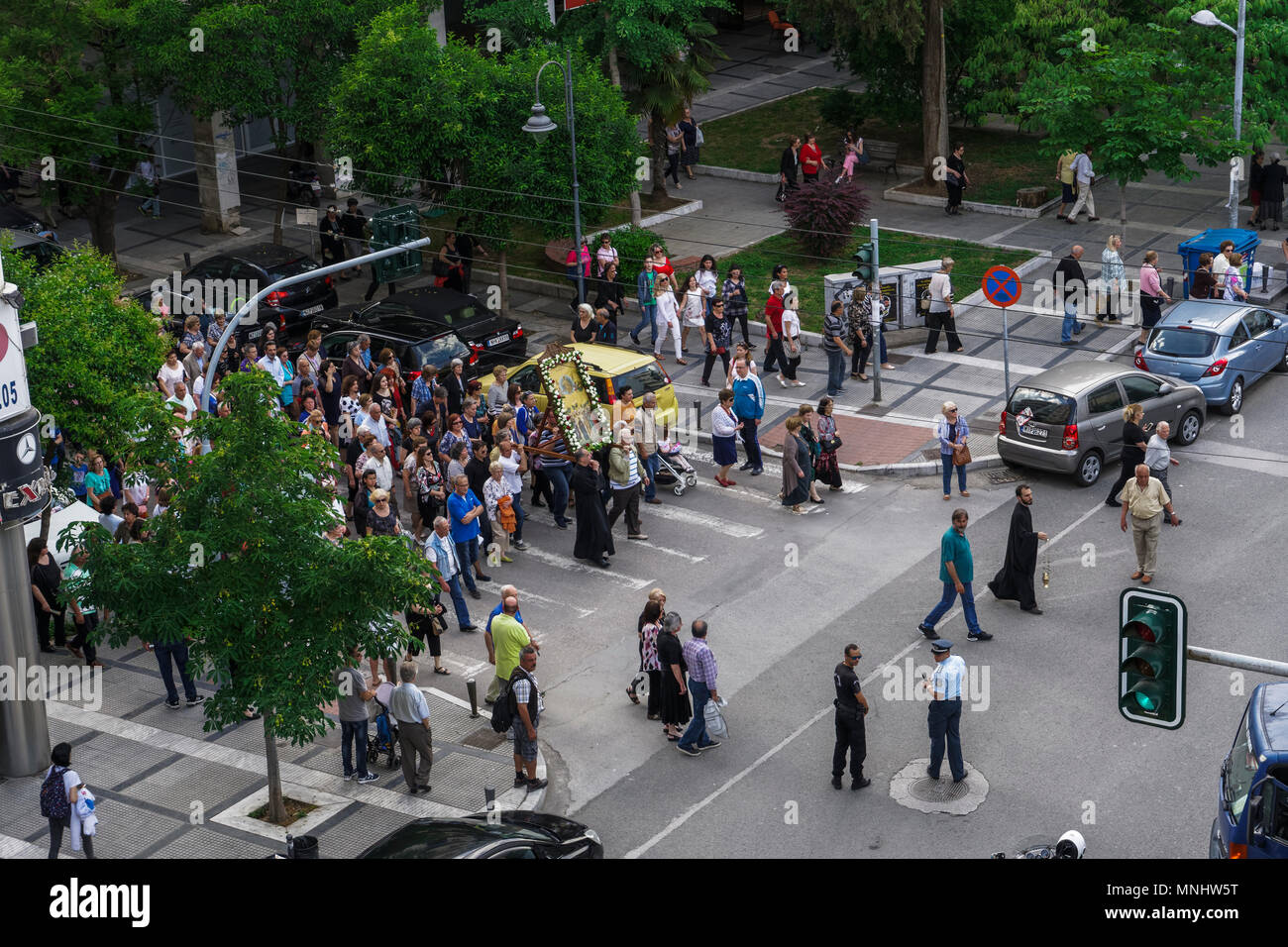 Religious street procession Thessaloniki, Greece. Priests move in ...