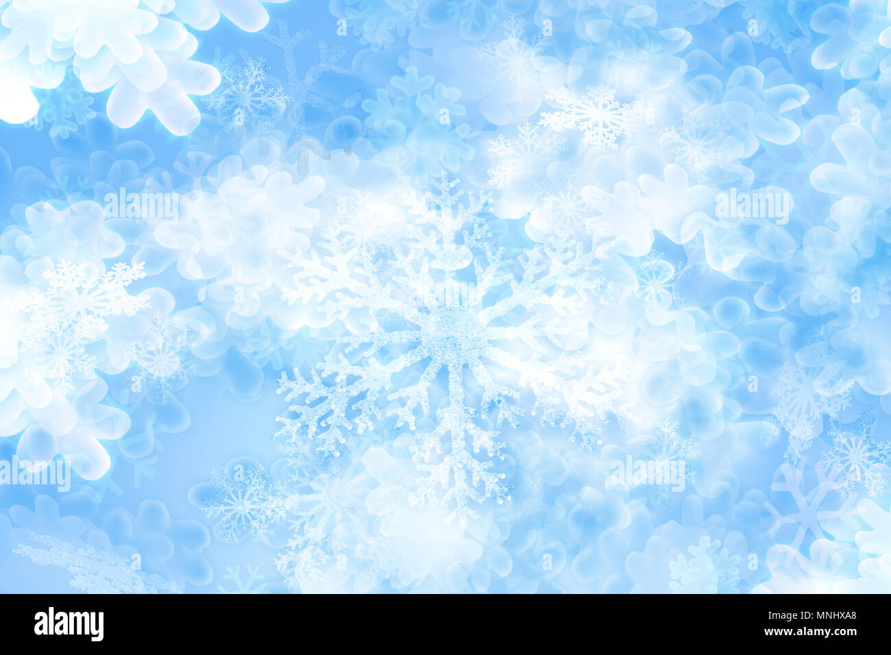 Layered snowflakes background in various appearances of soft shining ...
