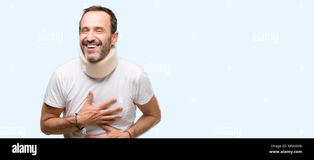 Injured senior man using a neck brace confident and happy with a big ...