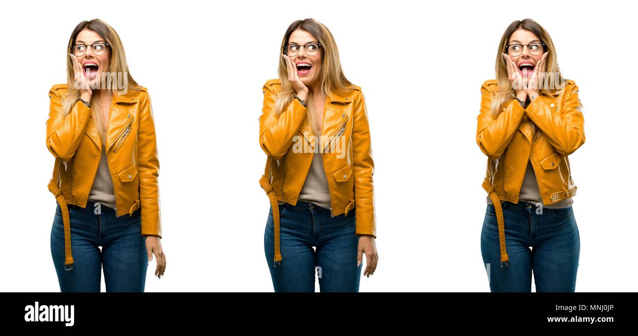 Beautiful young woman so happy and confident showing a big smile ...