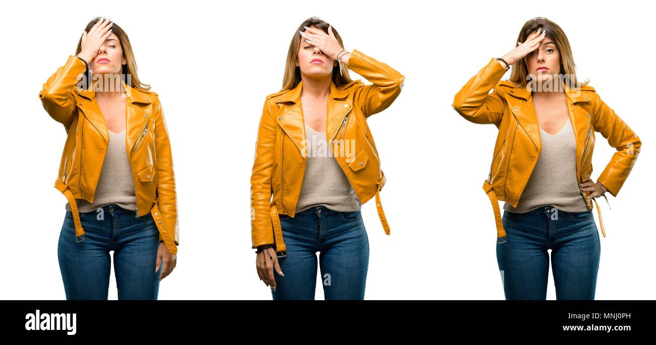 Beautiful young woman stressful keeping hand on head, tired and ...