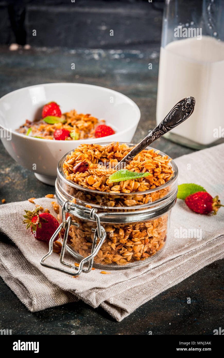 Homemade granola from mix of cereals (barley, oat, rye, bran) with with ...