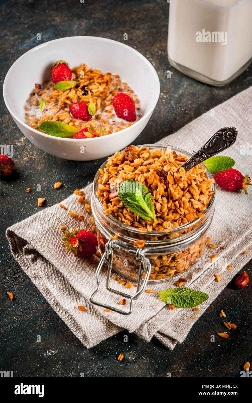 Homemade granola from mix of cereals (barley, oat, rye, bran) with with ...
