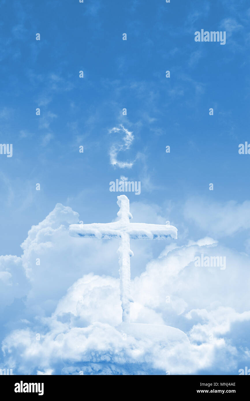 Frozen cross over the clouds, in the sky, standing on a stone, with a ...