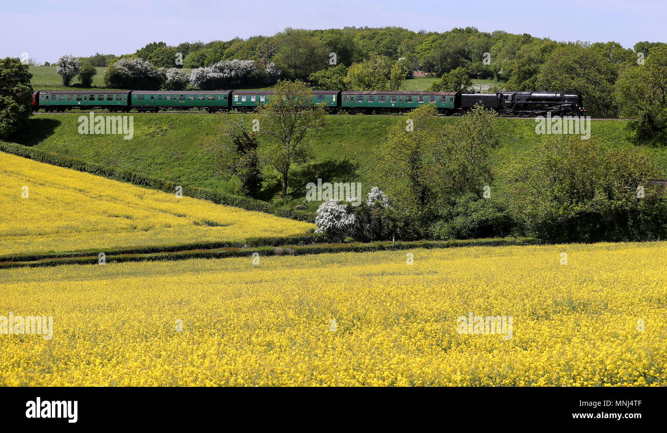 A steam locomotive makes it's way along the tracks between Ropley and ...