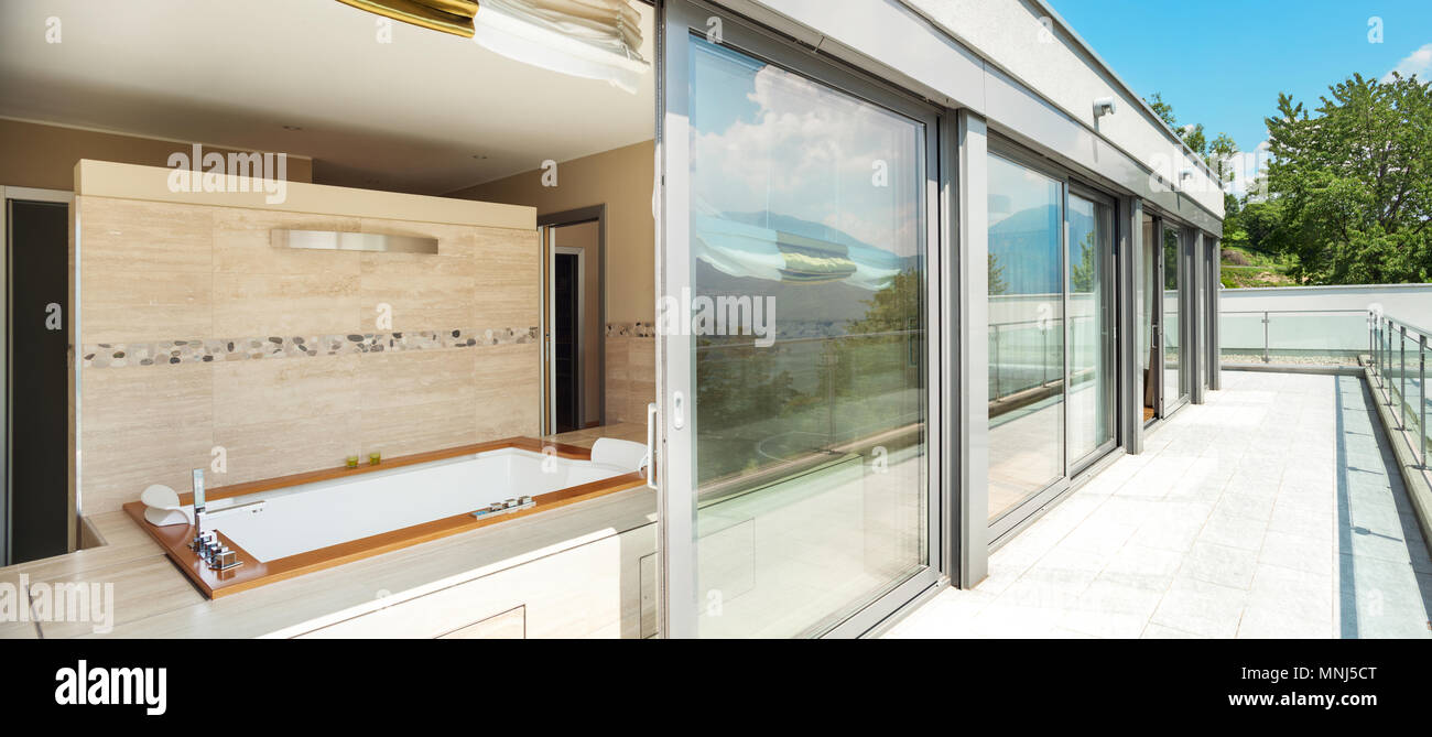 modern building, view bathroom with jacuzzi from the terrace Stock ...