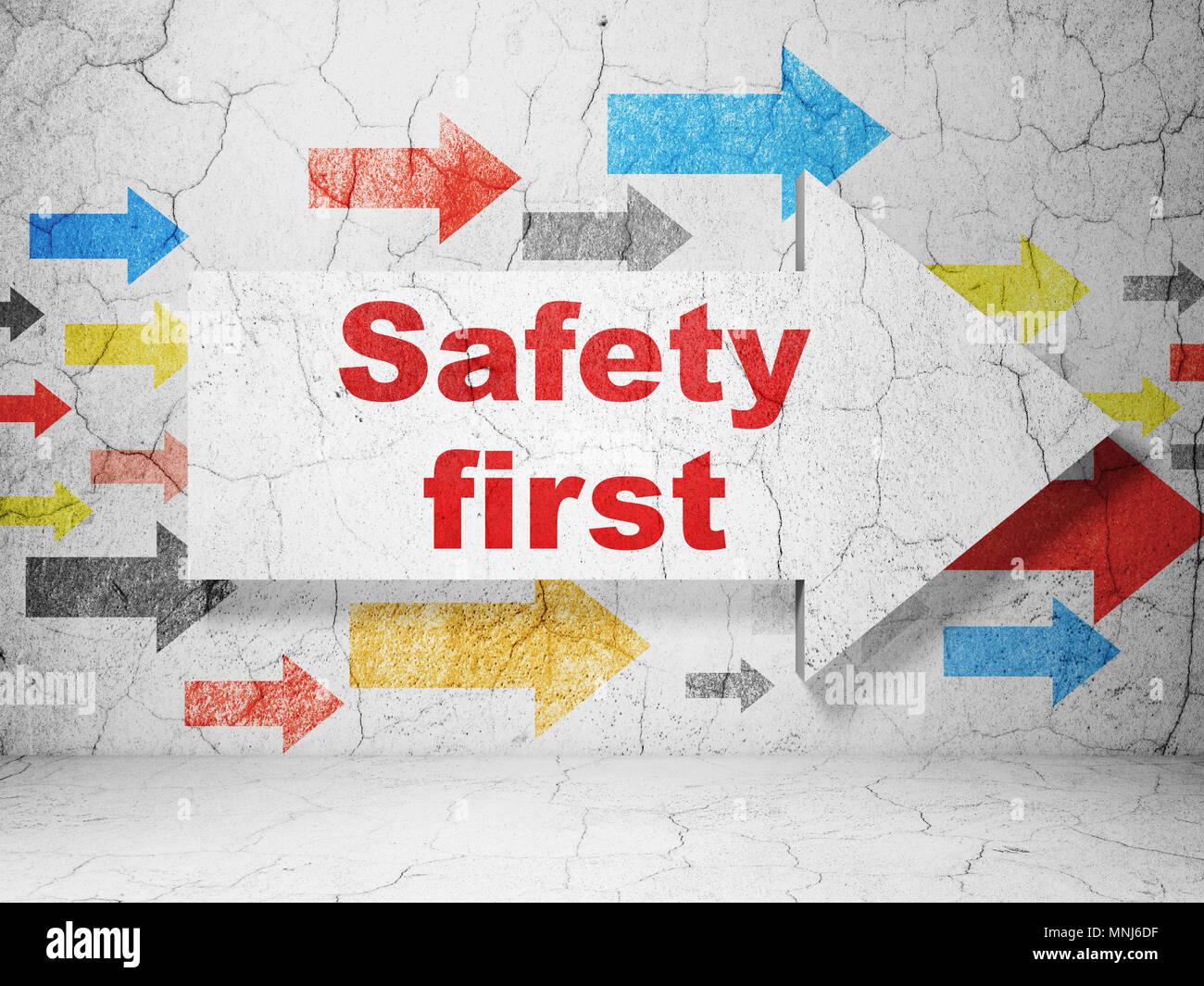Safety concept: arrow with Safety First on grunge wall background Stock ...