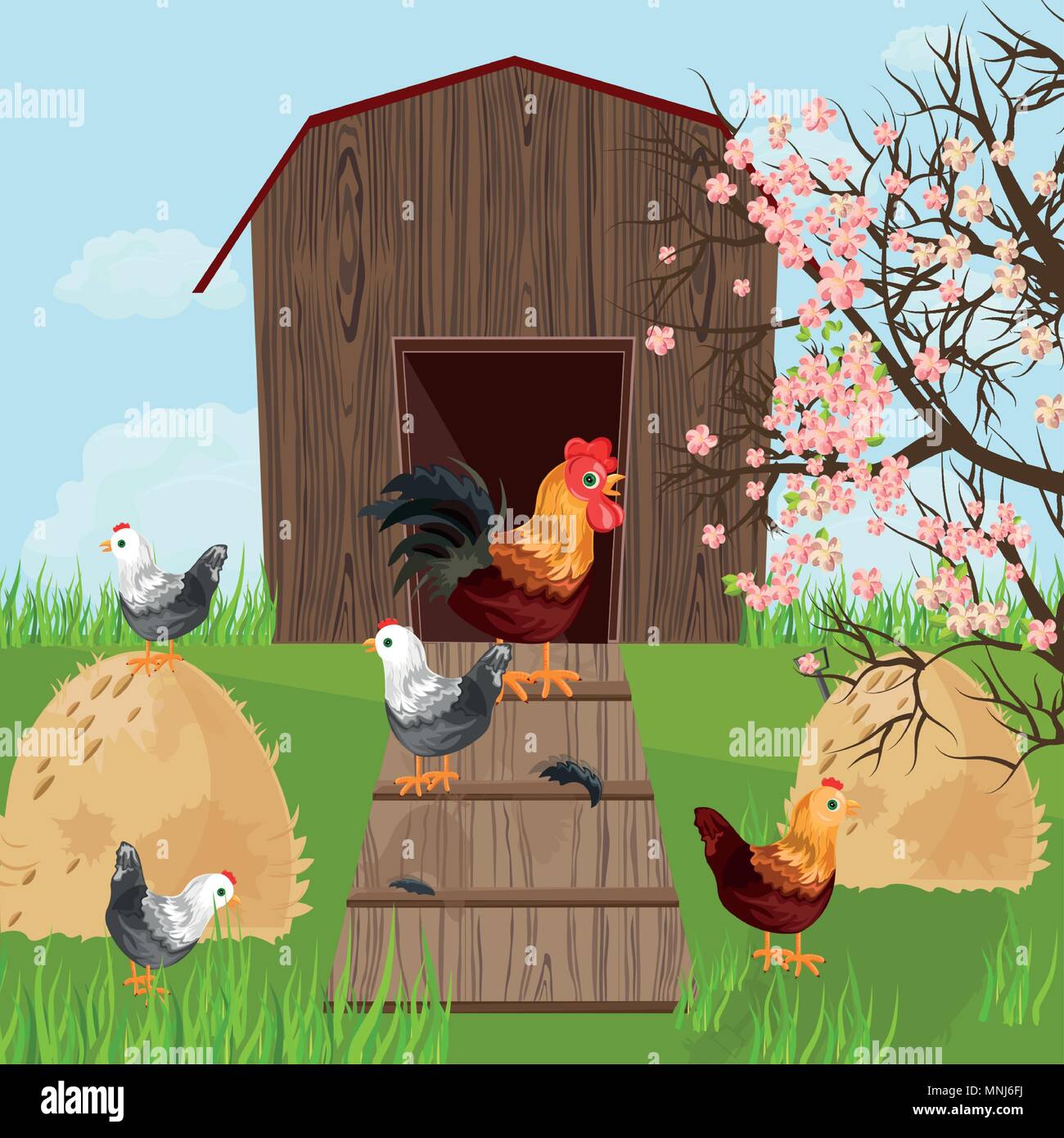 Chicken farm coop Vector. Spring season green background farming Stock ...