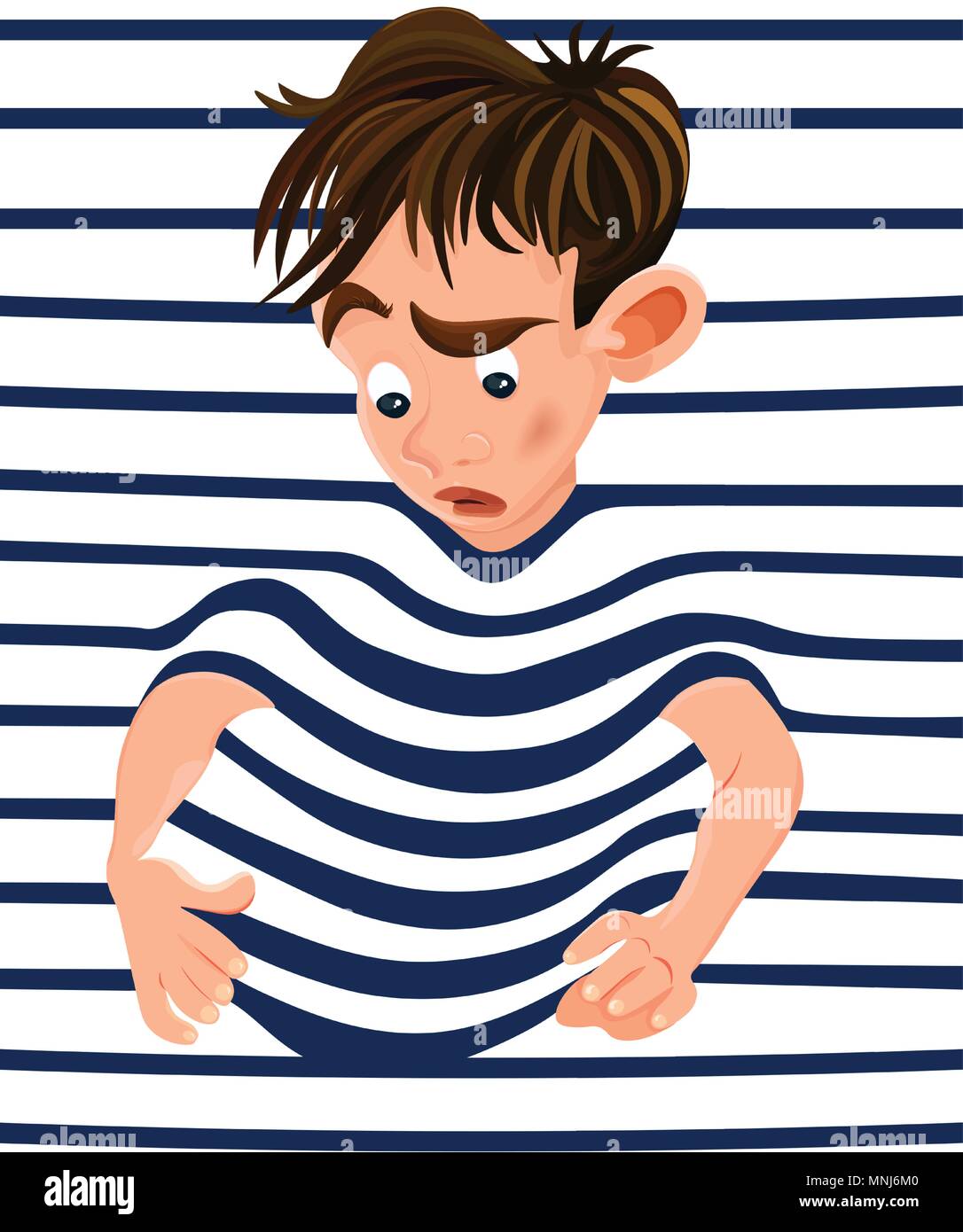 Little boy trapped in a striped background. Vector cartoon character ...