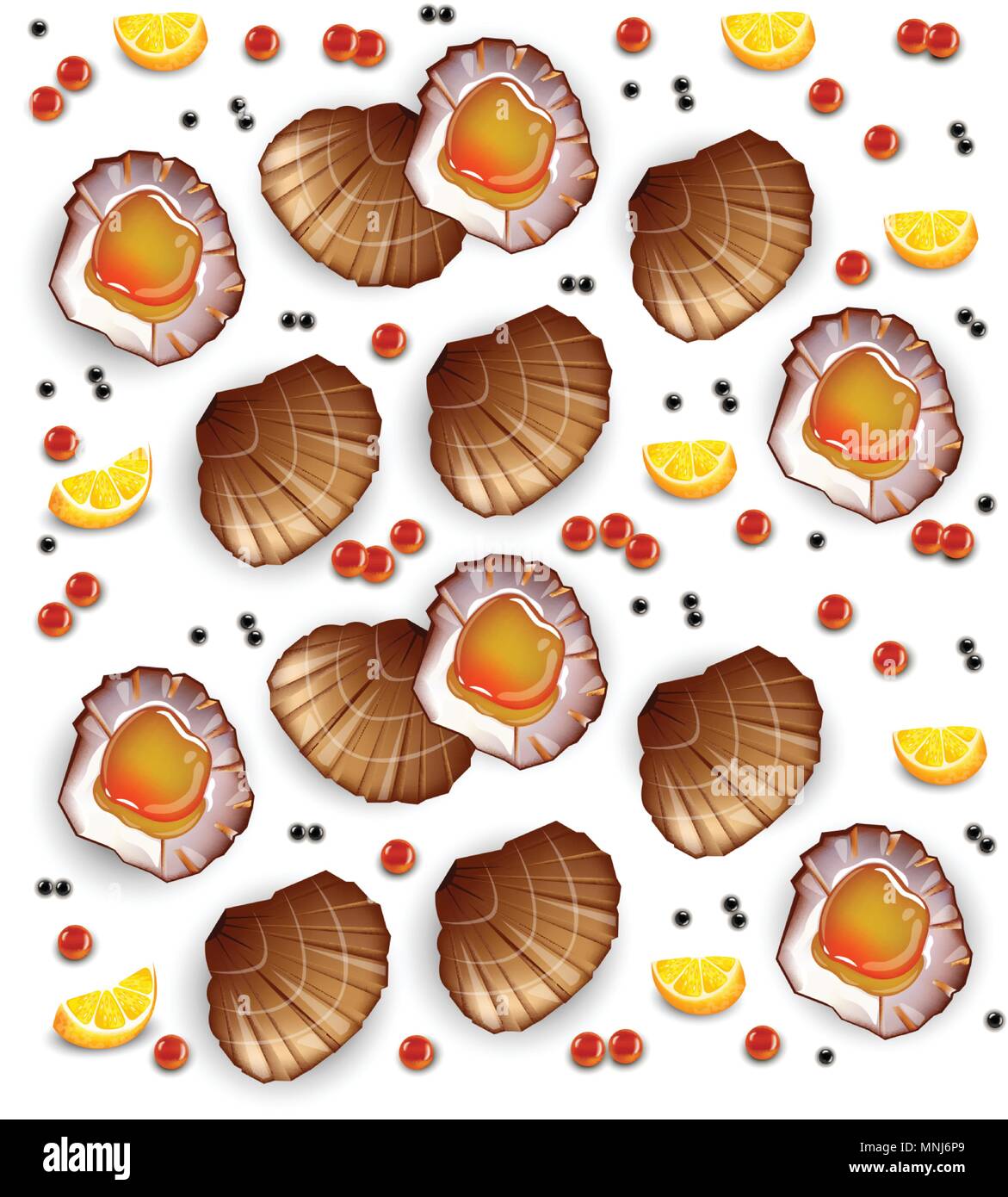 Scallops pattern Vector realistic seafood. Fresh shellfish. 3d detailed ...