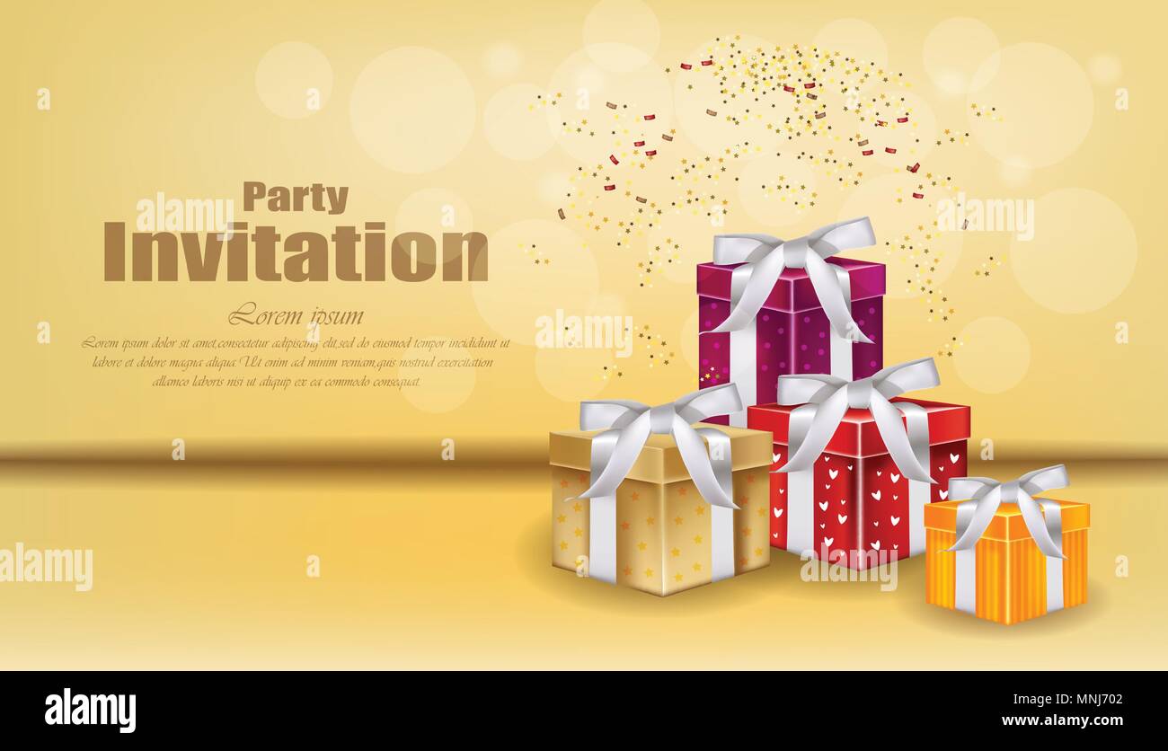 Party invitation card with gifts Vector. celebrate events banner poster ...