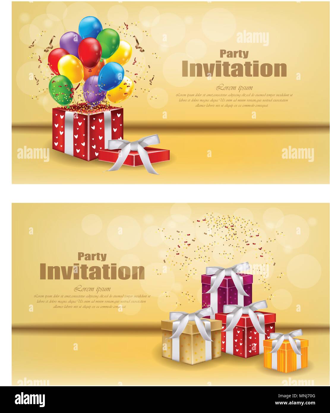 Gifts and Balloons party invitation card Vector. celebrate events ...