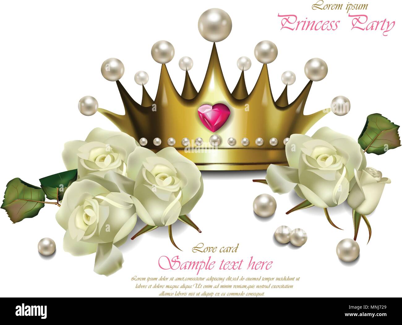 Princess party card. Beautiful pearl crown and white roses Vector ...