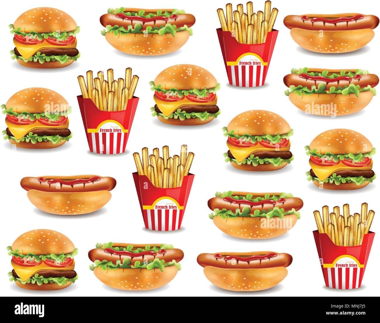 Fast food pattern with burger, hot dog, and french fries. Vector ...