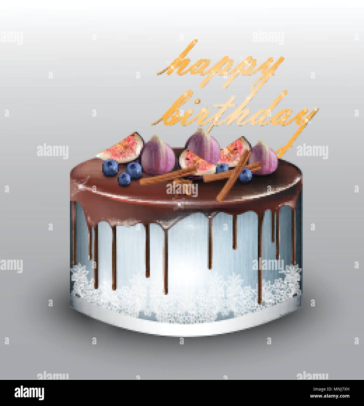Happy Birthday modern blue cake with fig fruits Vector. Delicious ...