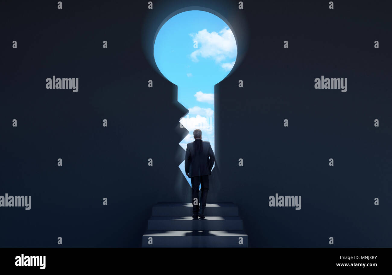 Businessman walking on stairway in dark room through key shaped door ...
