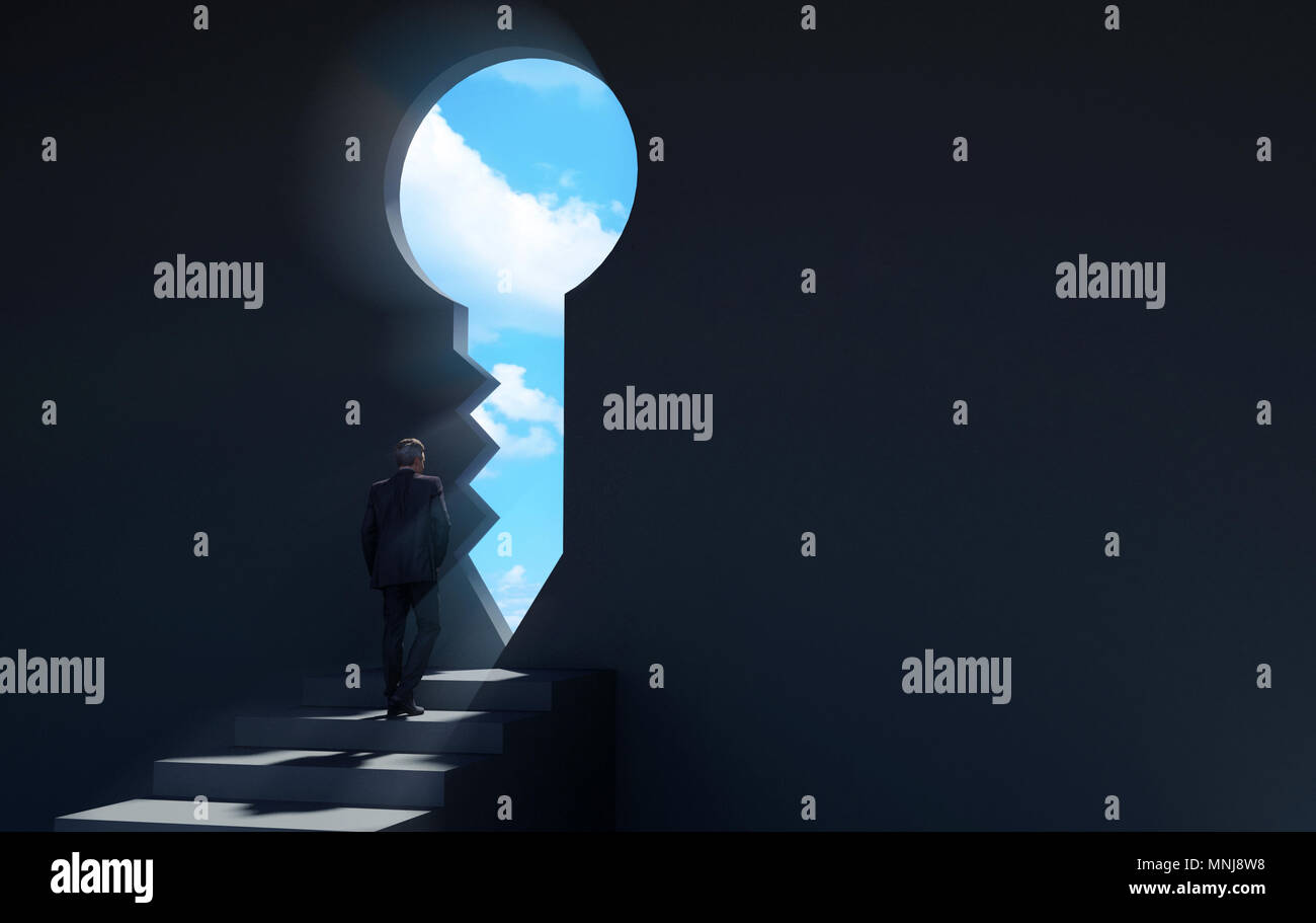 Businessman walking on stairway in dark room through key shaped door ...
