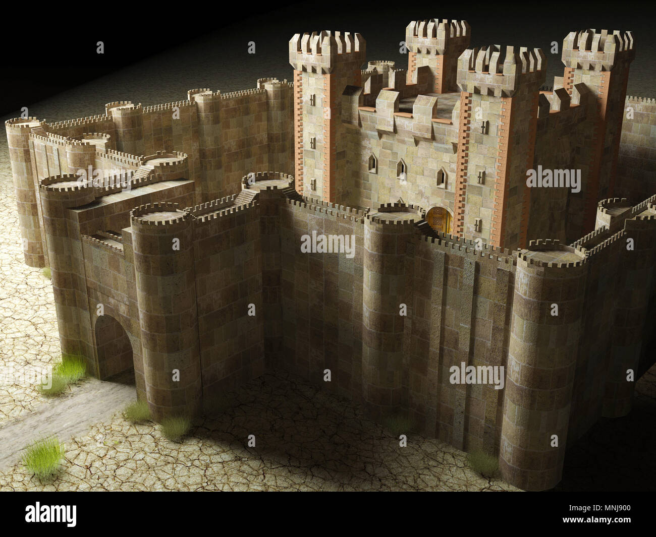3d render medieval stronghold building exterior locates on cracked ...