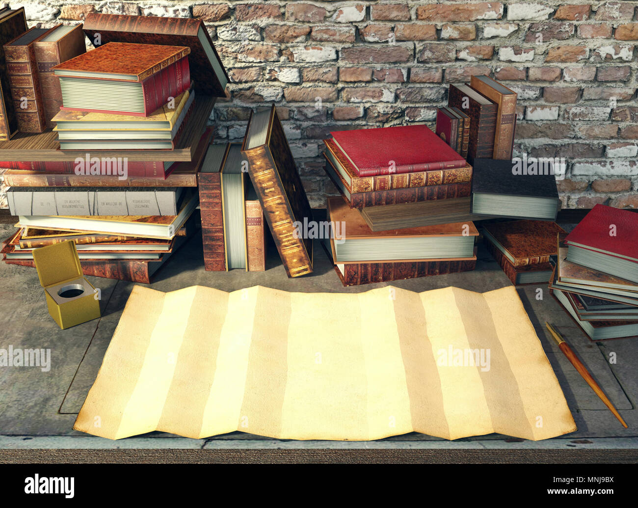 Old paper and ancient books on study table in medieval scene, 3D ...