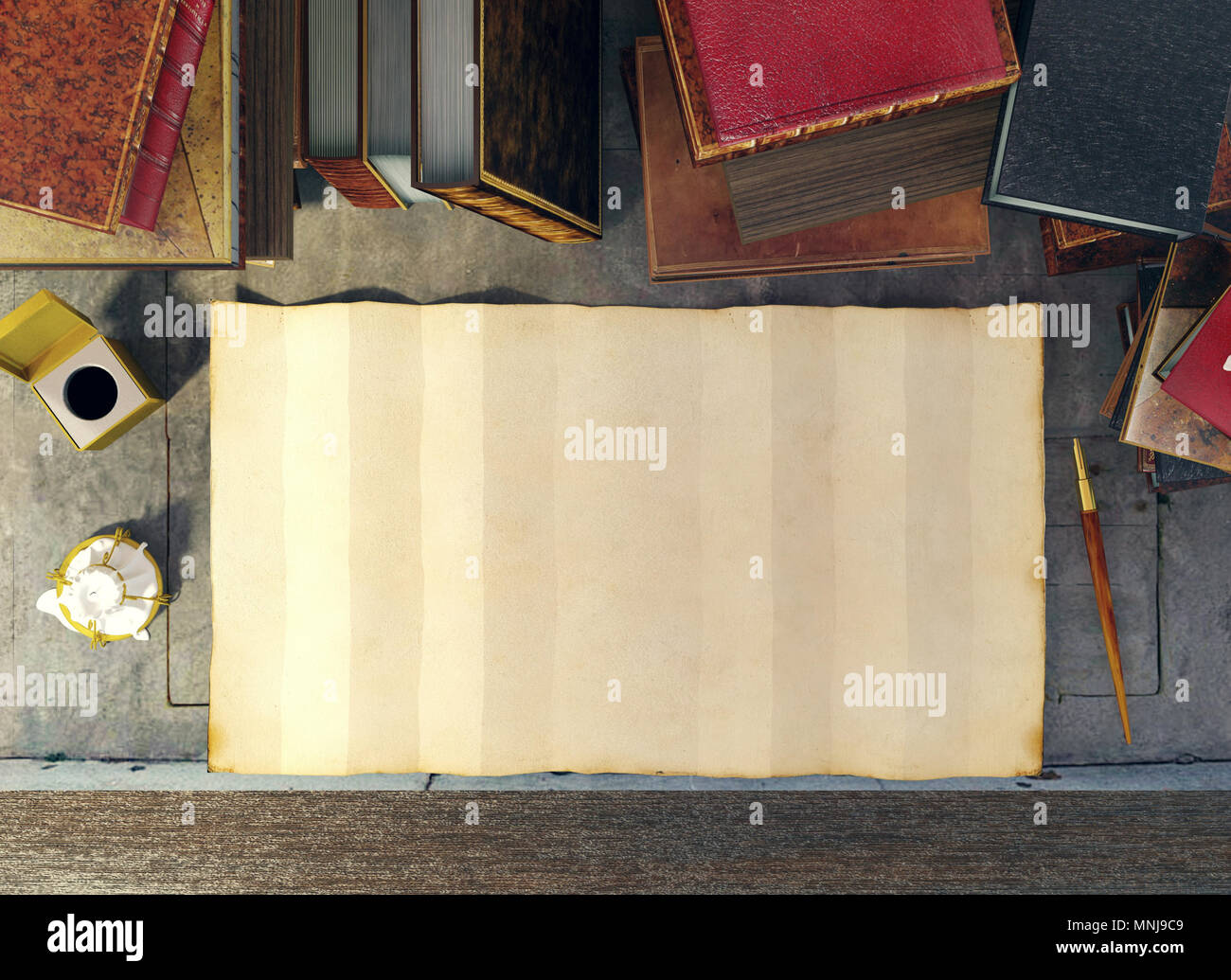 Old paper and ancient books on study table in medieval scene, 3D ...