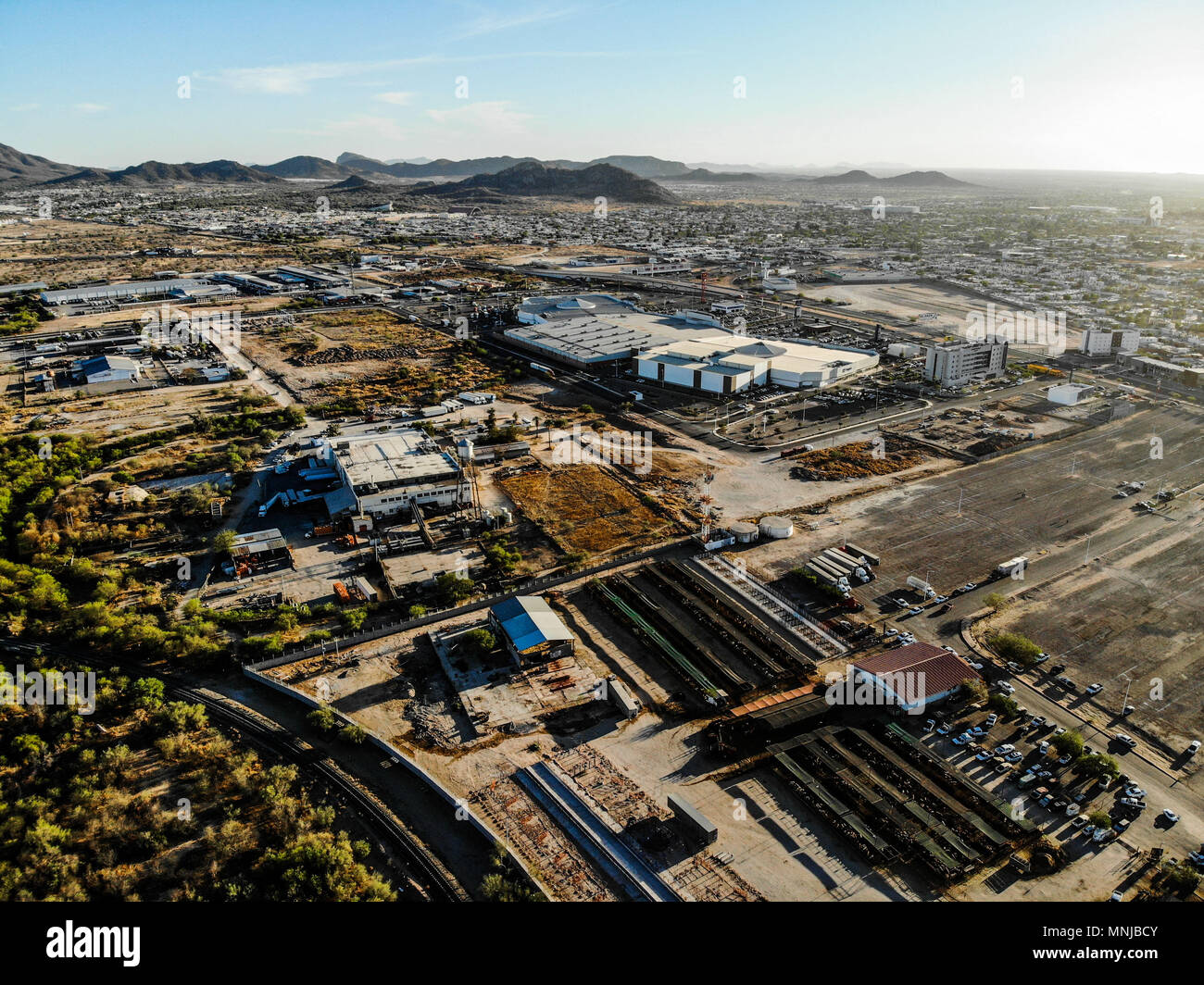 Aerial view of the Rodeo arena, rides and facilities and corrals of the ...