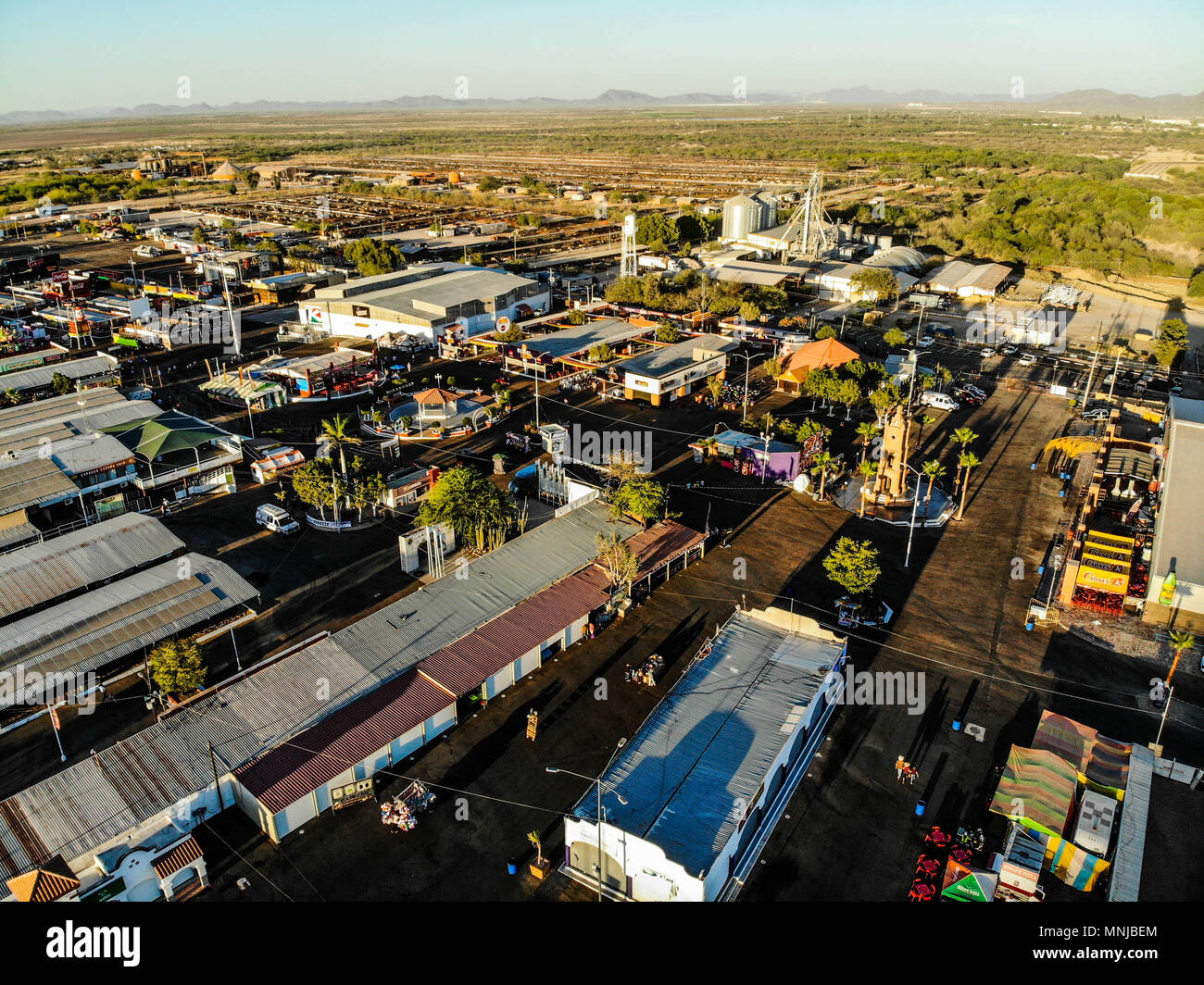 Aerial view of the Rodeo arena, rides and facilities and corrals of the ...