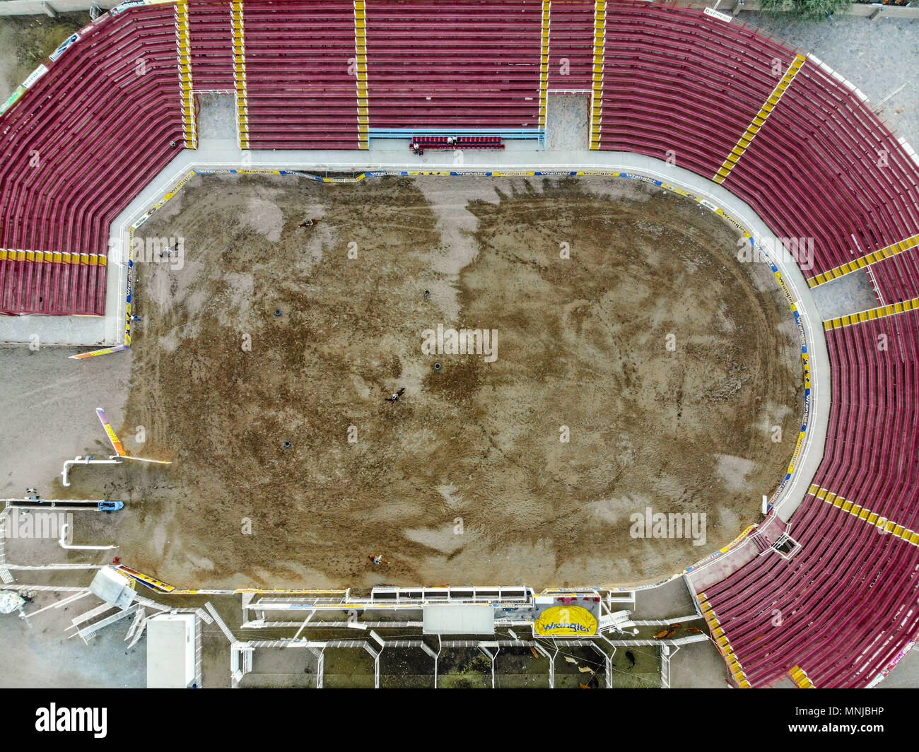 Aerial view of the Rodeo arena, rides and facilities and corrals of the ...