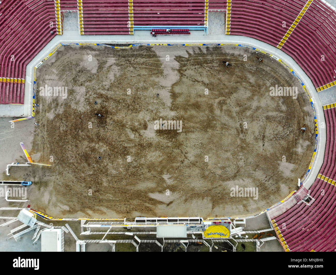 Aerial view of the Rodeo arena, rides and facilities and corrals of the ...