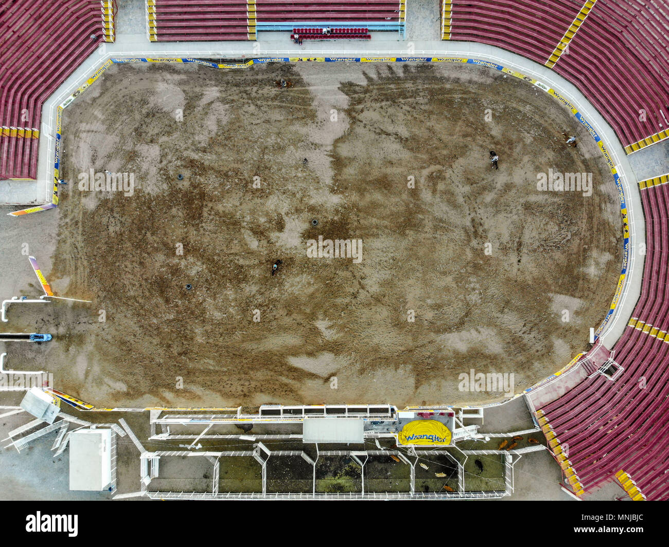 Aerial view of the Rodeo arena, rides and facilities and corrals of the ...