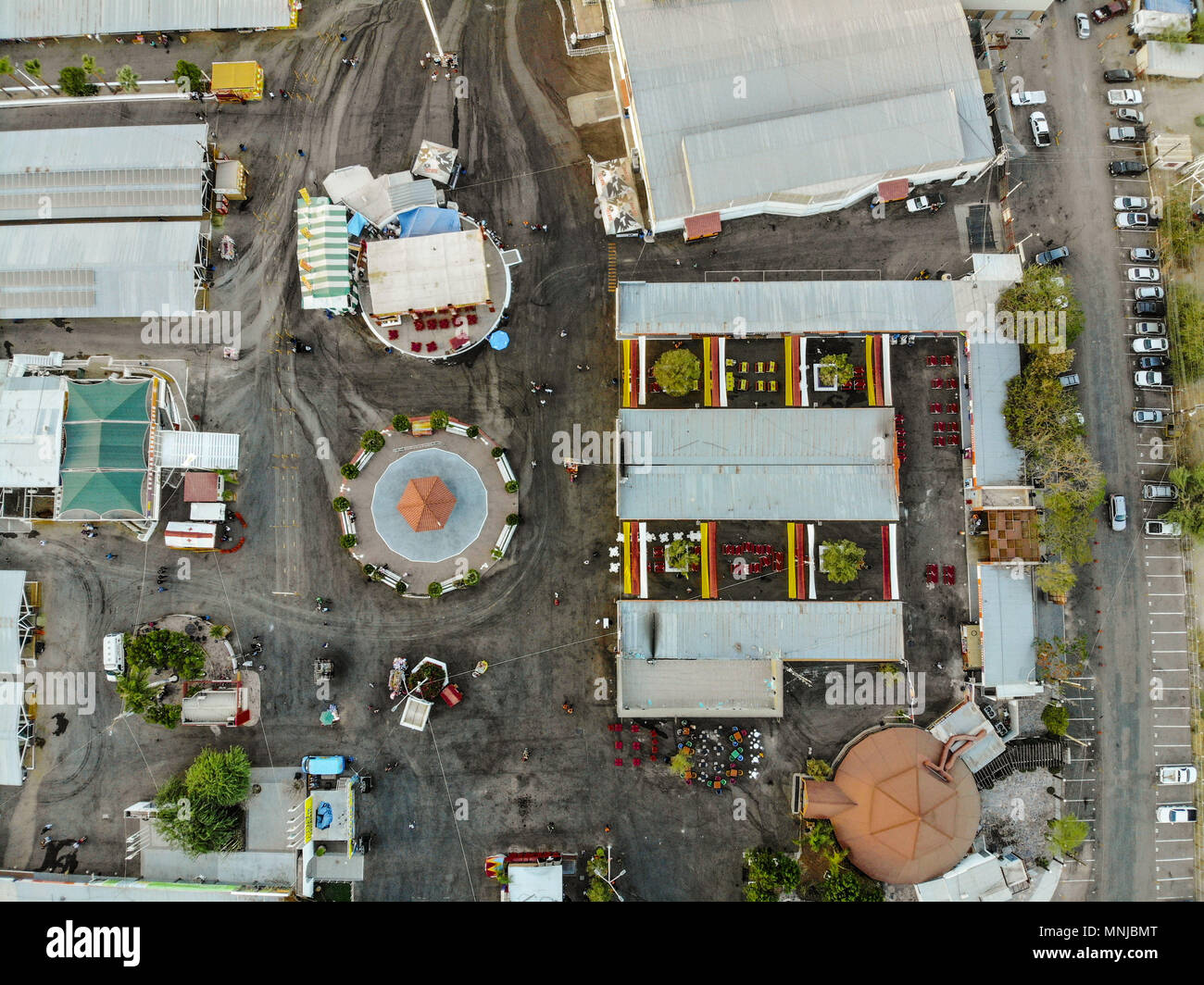 Aerial view of the Rodeo arena, rides and facilities and corrals of the ...