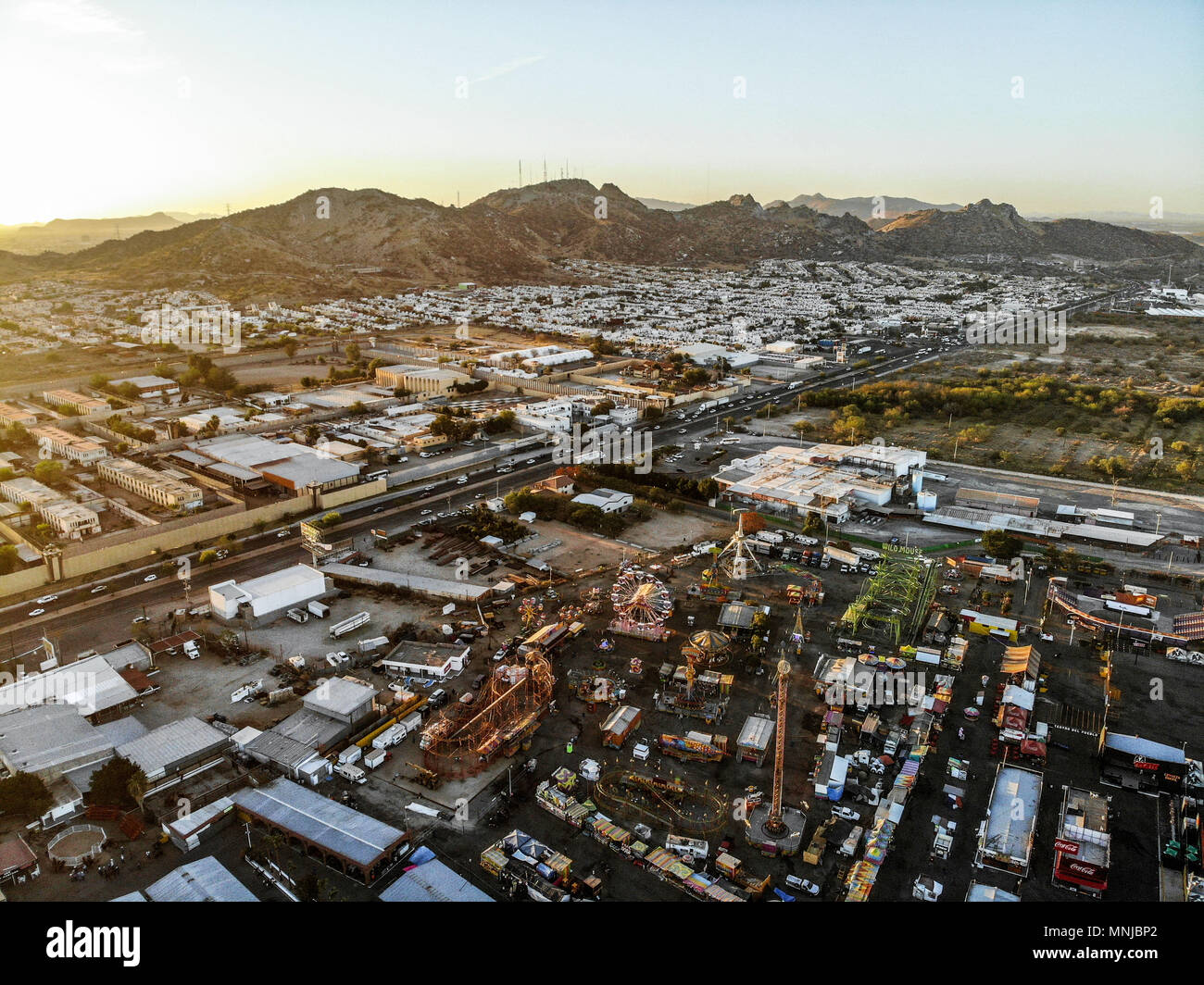 Aerial view of the Rodeo arena, rides and facilities and corrals of the ...