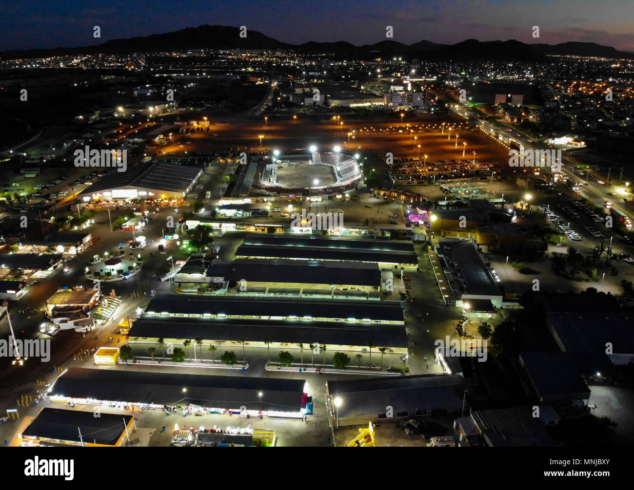 Aerial view of the Rodeo arena, rides and facilities and corrals of the ...