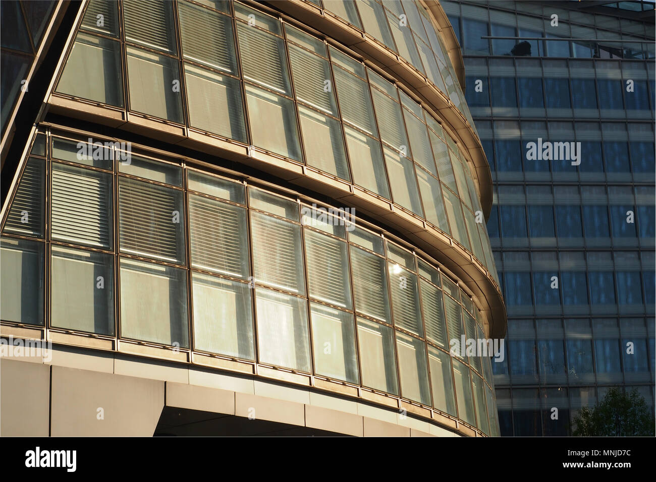 Close up of windows and window frames of City Hall, London in evening ...