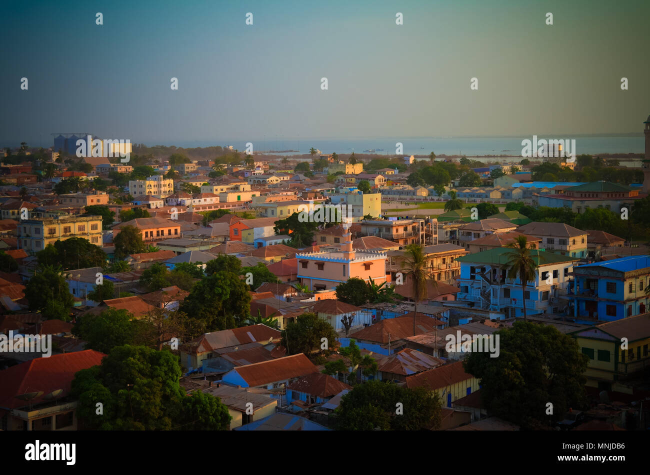 Aerial panorama view to city of Banjul and Gambia river, Gambia Stock ...