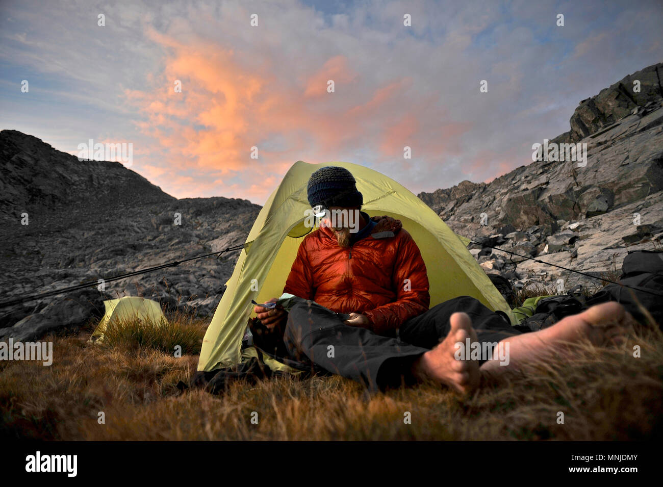 Backpackers use headlamps at camp near Mt Ritter while on trek of ...